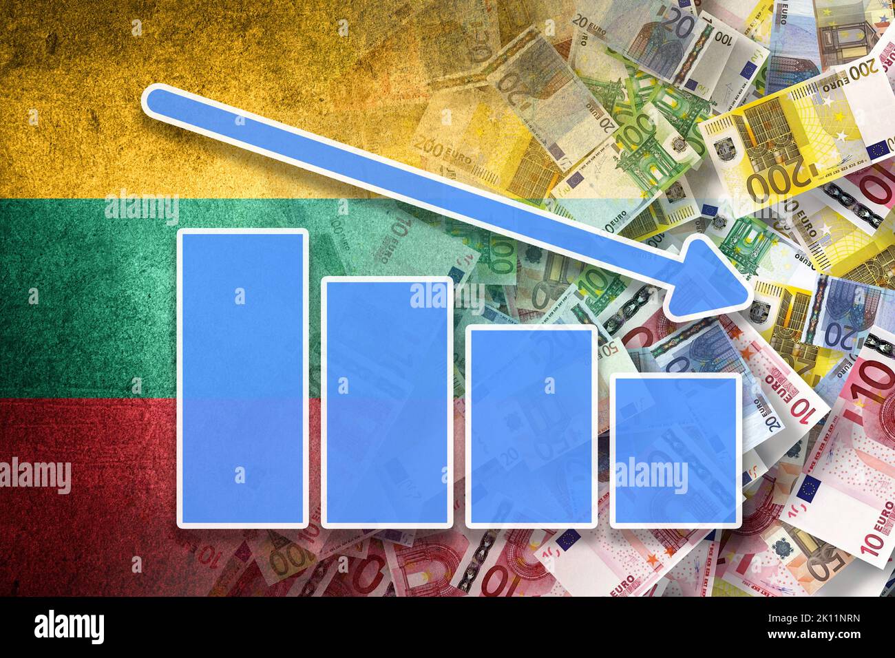 Economy Graph: Downward Arrow, Euro Cash Banknotes and Lithuania Flag ...