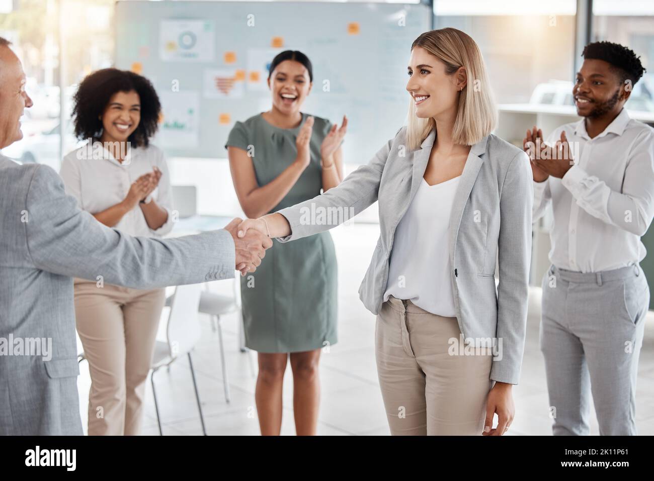 Handshake, partnership and congratulations after hiring new employee or ...