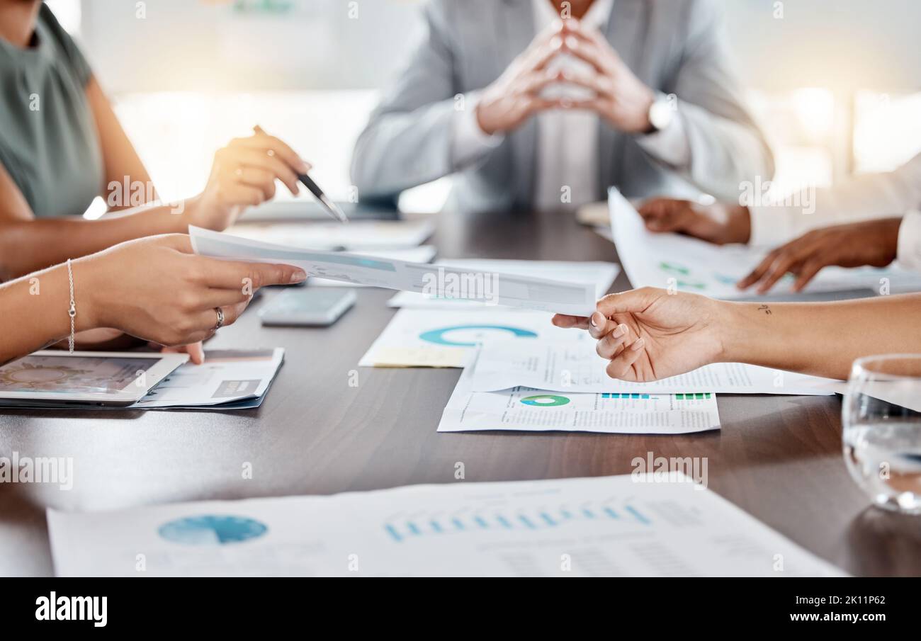 Business people hands, project management and planning of annual report ...