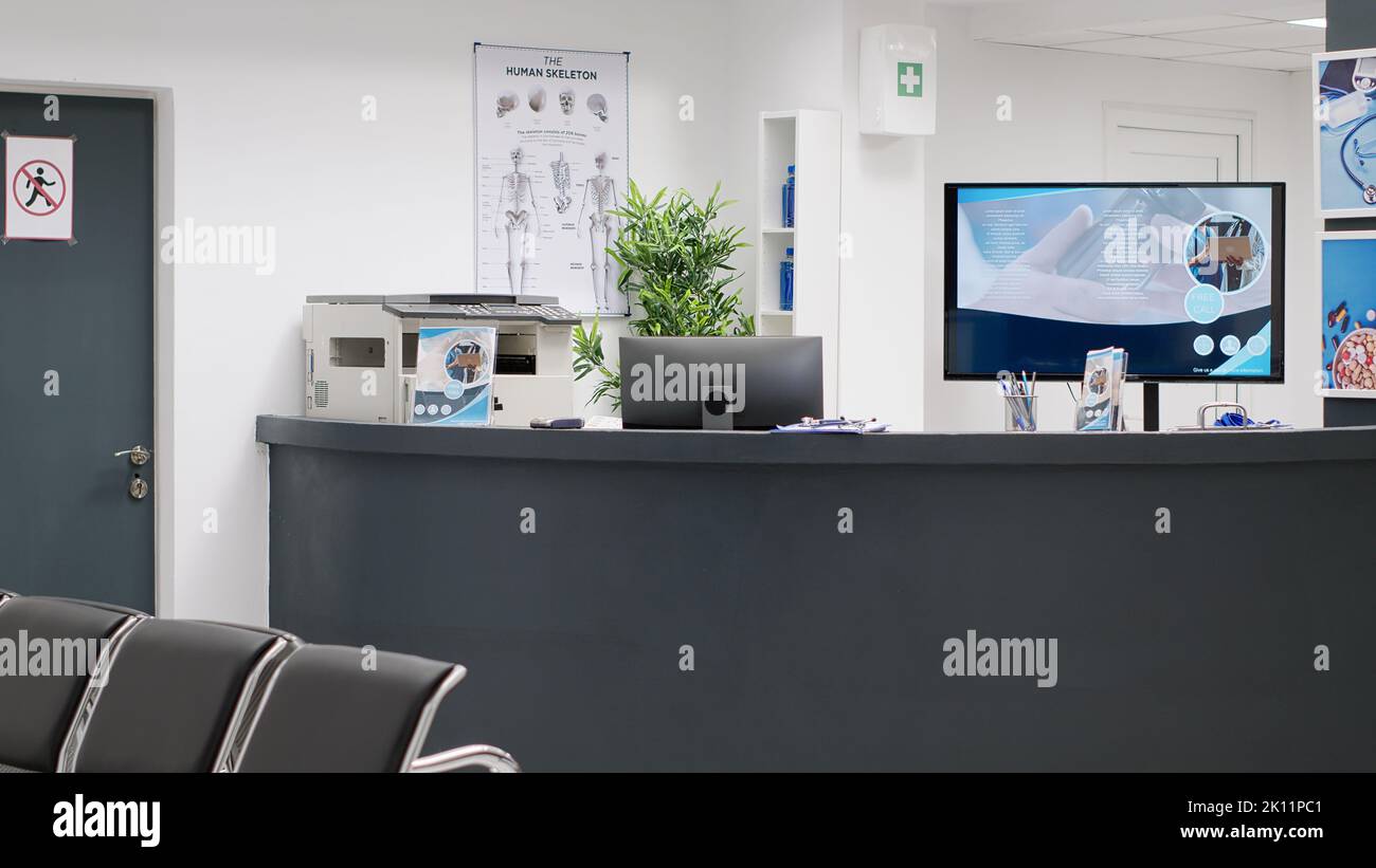 Healthcare facility reception counter in hospital, space used for ...
