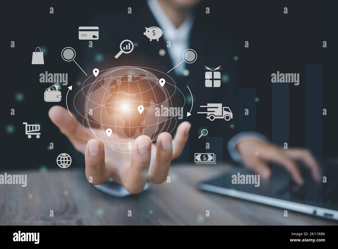 Woman use laptop with IOT, Business global internet connection ...