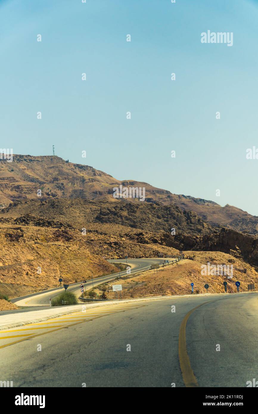 06.18.2022. Jordan. winding road in Jordan with rocky mountains and ...