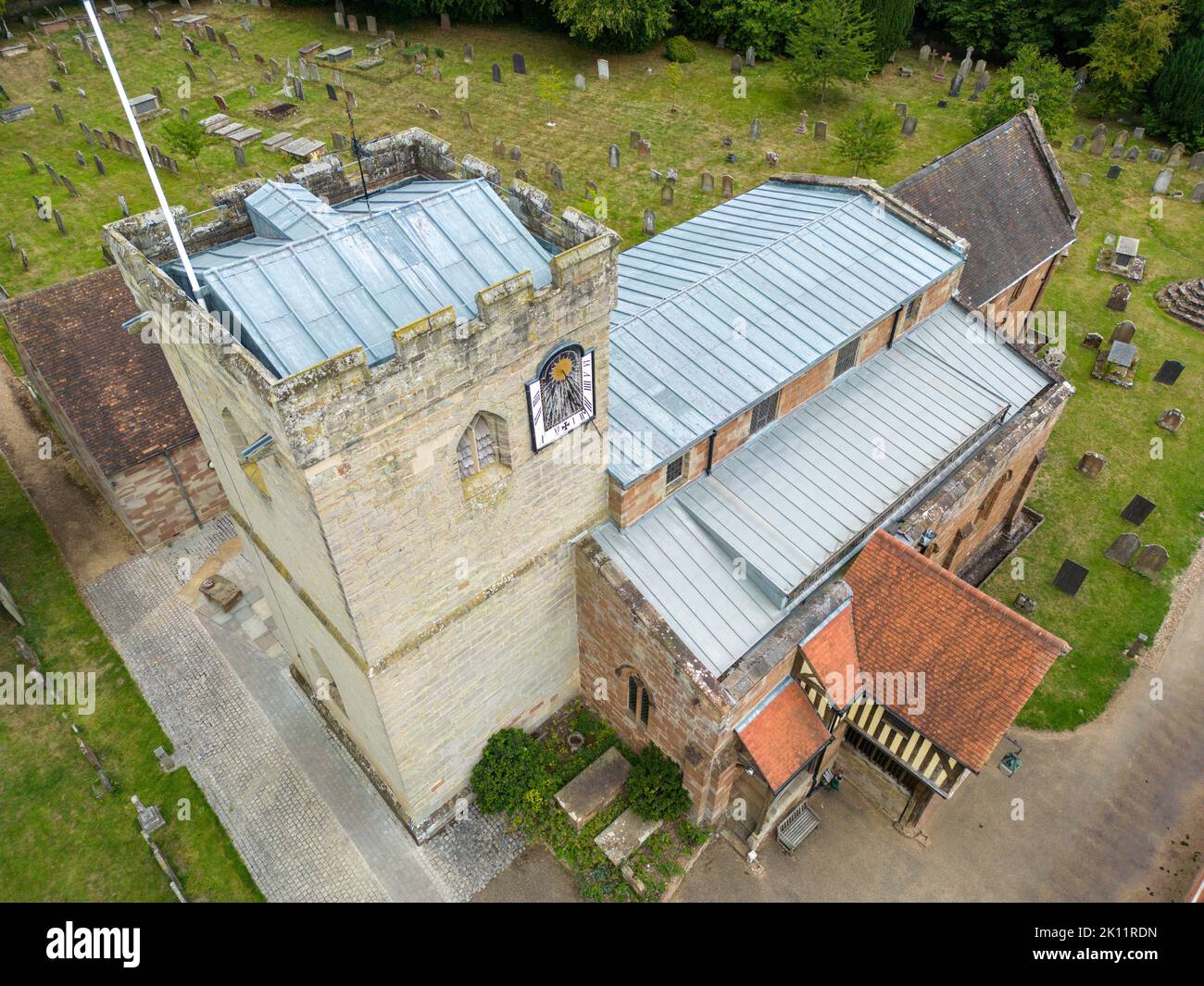 An aerial view of Berkswell Church, near Coventry, Warwickshire showing ...