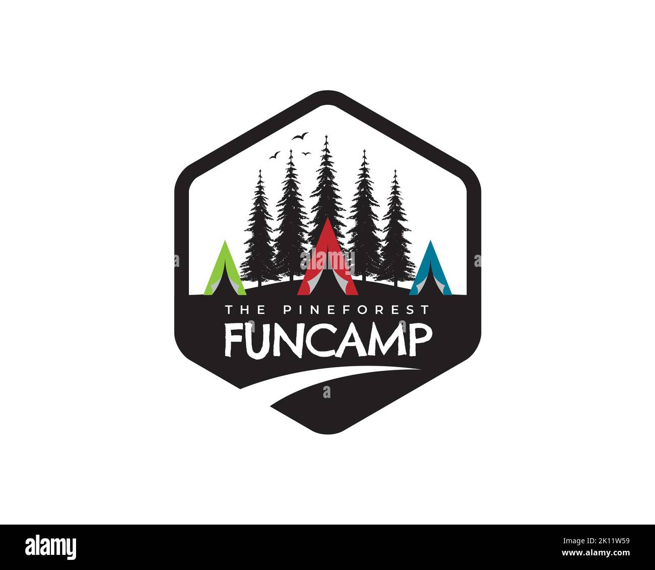 coniferous forest, mountains and wooden logo. Fun camping and wild ...