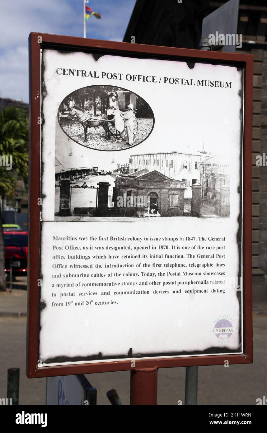 Port Louis, Mauritius. 09th Sep, 2022. An information board in front of the Postal Museum shows ...