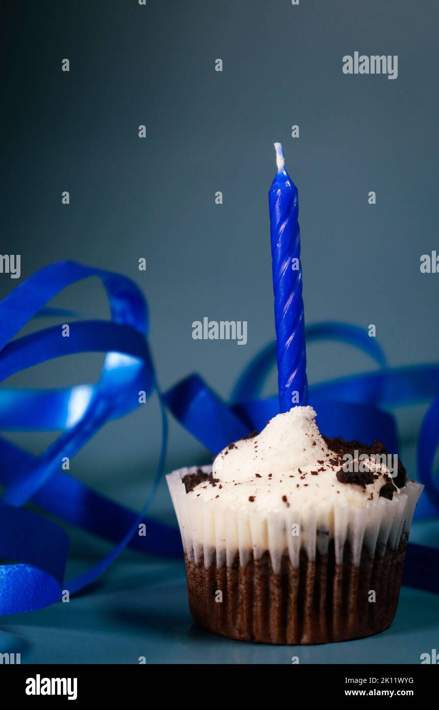 chocolate cupcake with a birthday blue candle, blue background and blue ...