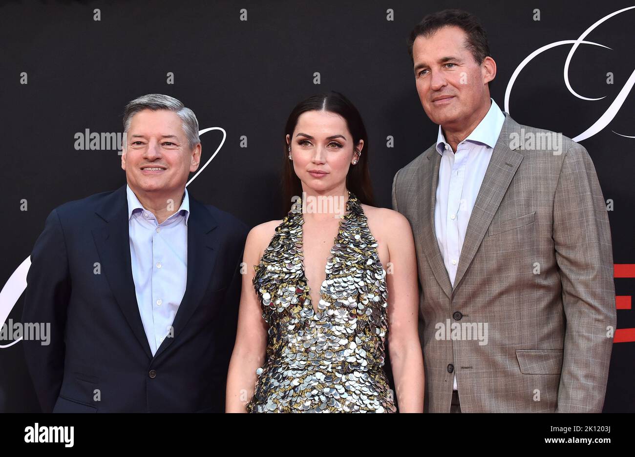 Ted Sarandos, Ana De Armas and Scott Stuber arriving to the U.S. premiere of "Blonde" at the TCL ...