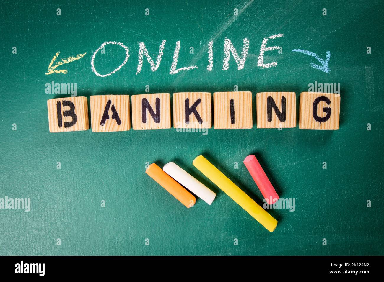 Online Banking. Wooden alphabet letters on a green chalkboard Stock ...