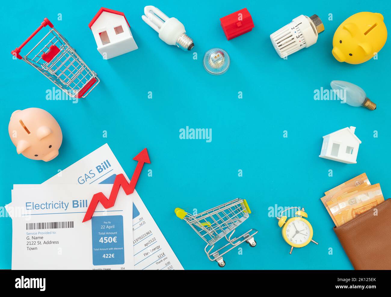 Living cost increase, economic crisis flat lay. Shopping cart utilities ...