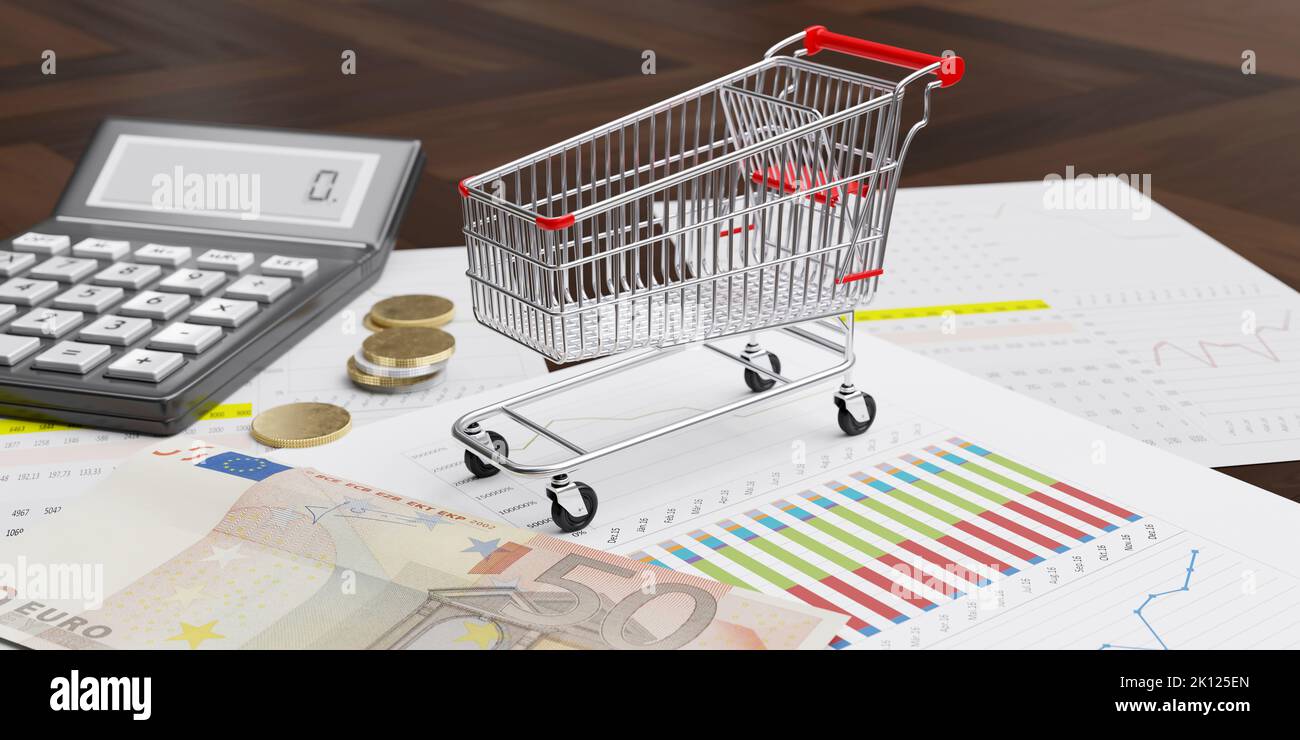 Shopping cart empty, euro money and calculator on table. Food and ...