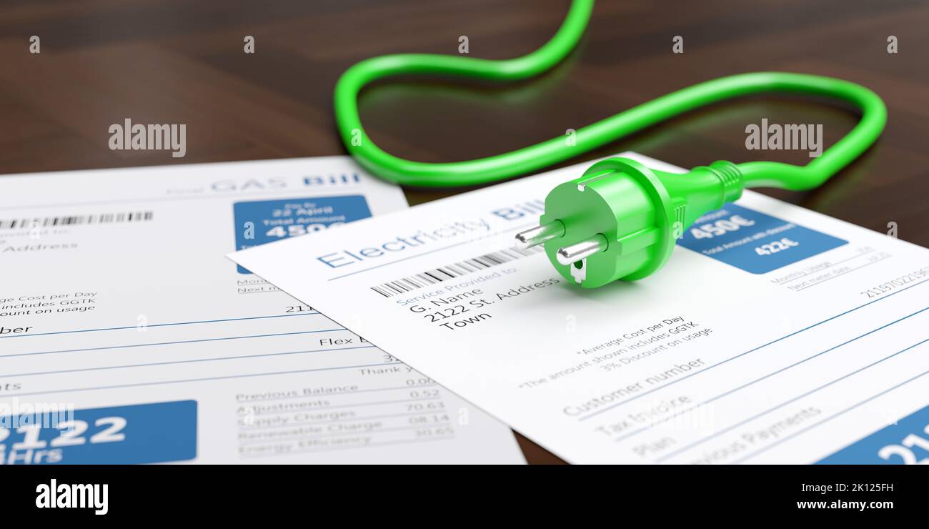 Electricity bill and renewable energy. Green electric plug and ... Electricity bill and renewable energy. Green electric plug and ...