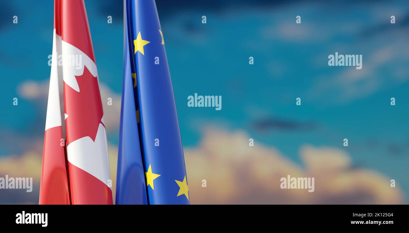 Canada and EU relationship. European Union and Canadian flags on pole ...