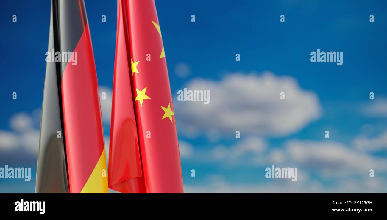 China and Germany relationship. Chinese and German flags on pole ...