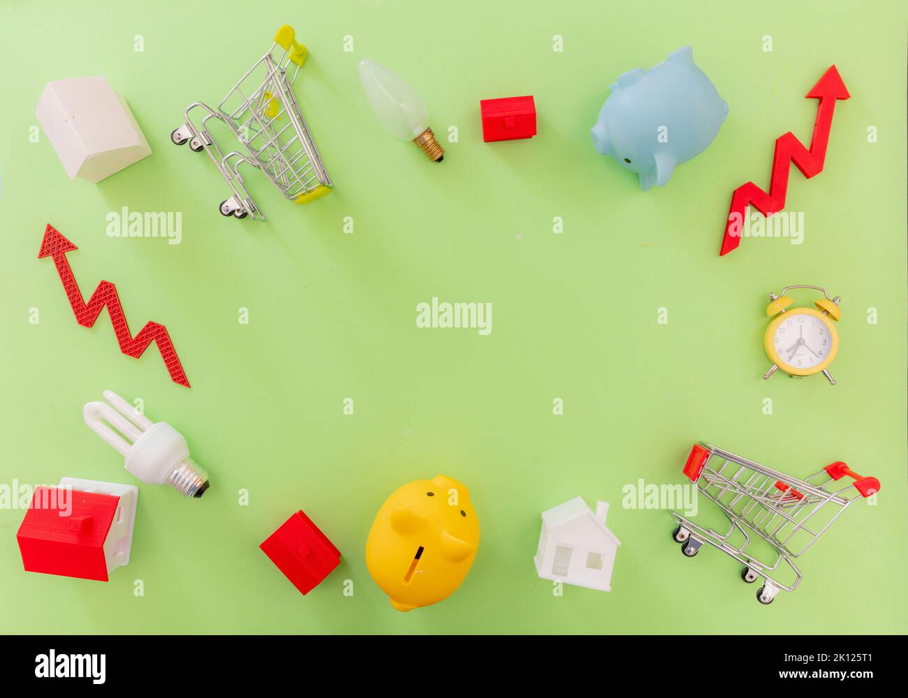 Living cost increase, economic crisis in 2023 flat lay. Shopping cart ...