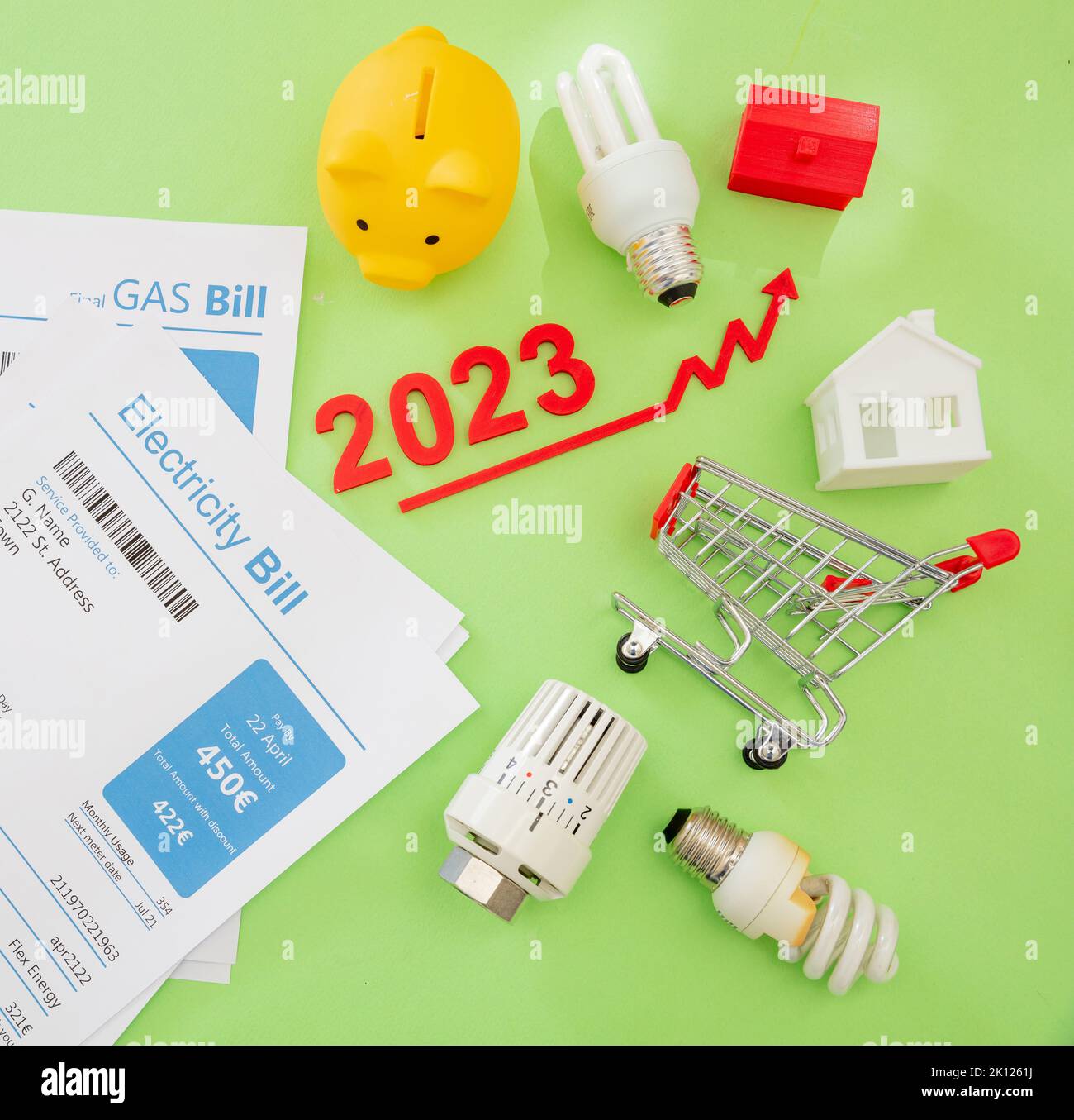 Living cost increase, economic crisis in 2023 flat lay. Shopping cart ...