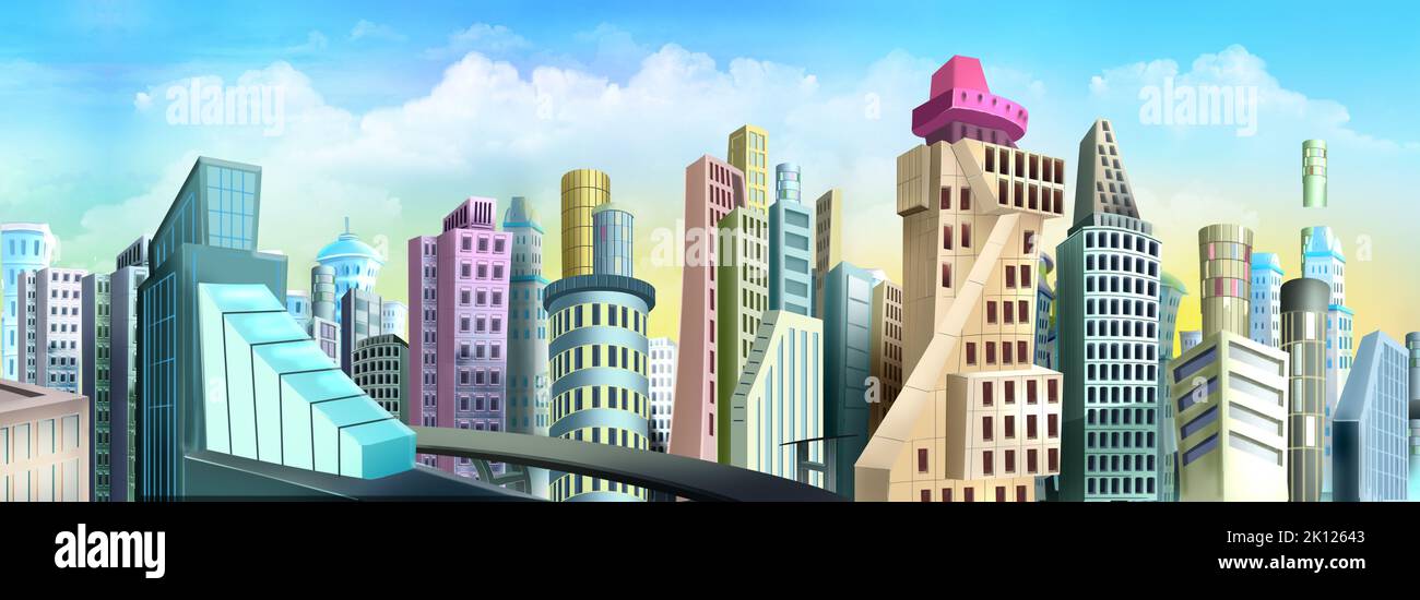 Skyscrapers buildings in downtown. Digital Painting Background ...