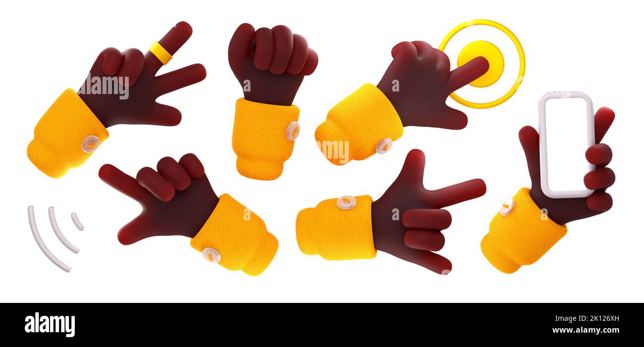3d render hand gestures, black palm show raised fist, hold smartphone ...