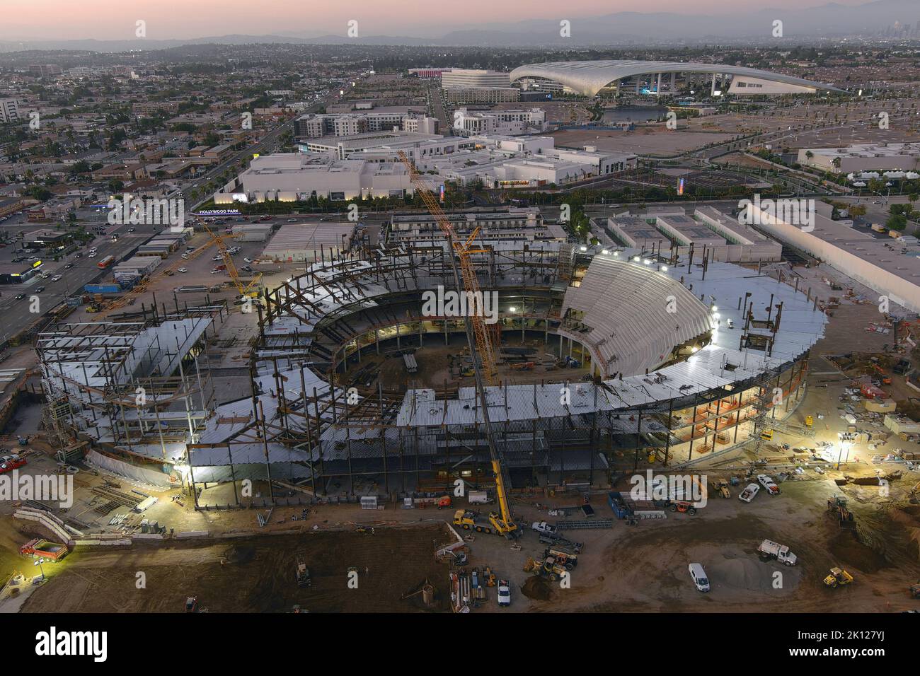 A general overall aerial view of the Intuit Dome construction site with ...