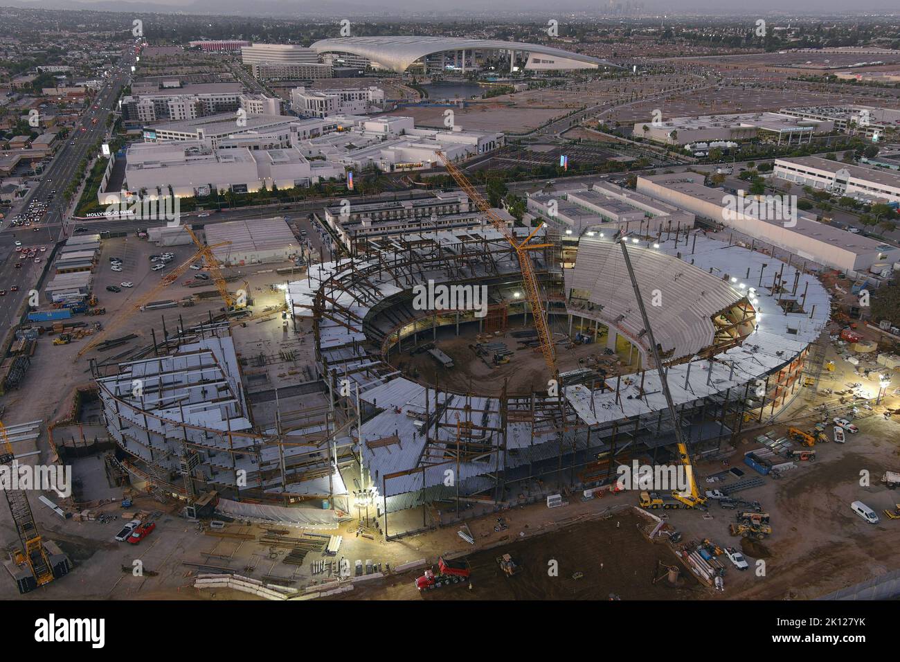 A general overall aerial view of the Intuit Dome construction site with ...