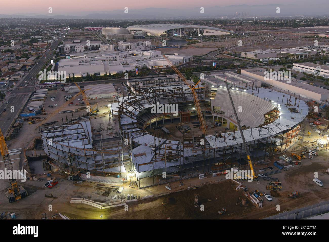 A general overall aerial view of the Intuit Dome construction site with ...