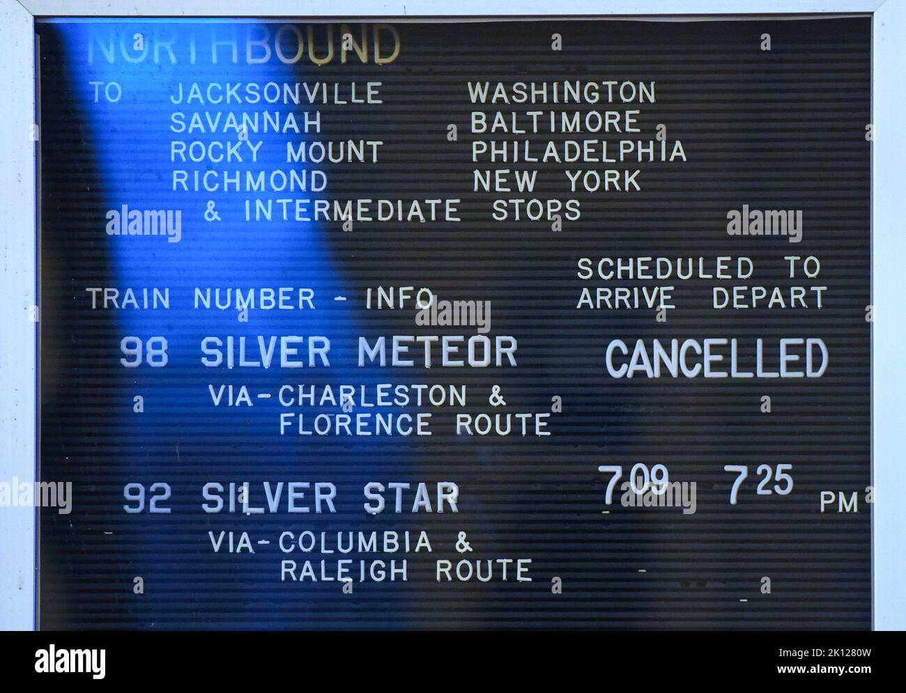 A display board at the Orlando Amtrak rail passenger station shows the ...