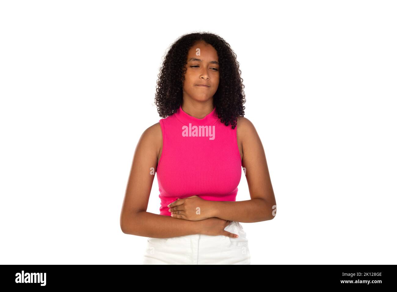 Woman suffering from stomach ache abdominal pain isolated on a white ...