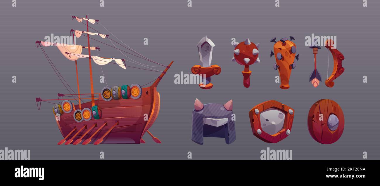 Viking game props icons, medieval battle ship, mace, horned helmet, sword, bow and shields ...