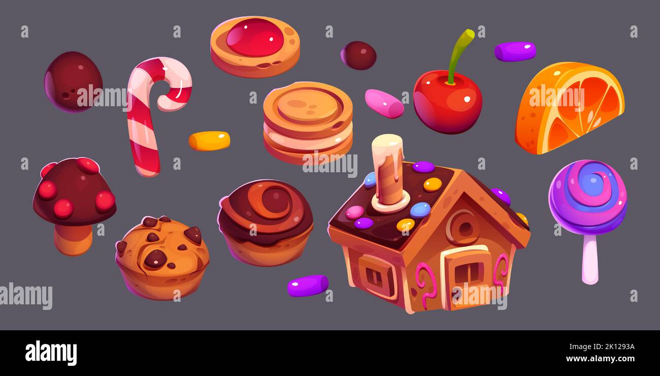 Gingerbread house, chocolate cakes, lollipop, candy cane, bonbons and ...