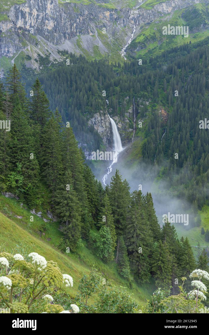 Typical alpine landscape with waterfalls (Niemerstafelbachfall), Swiss ...