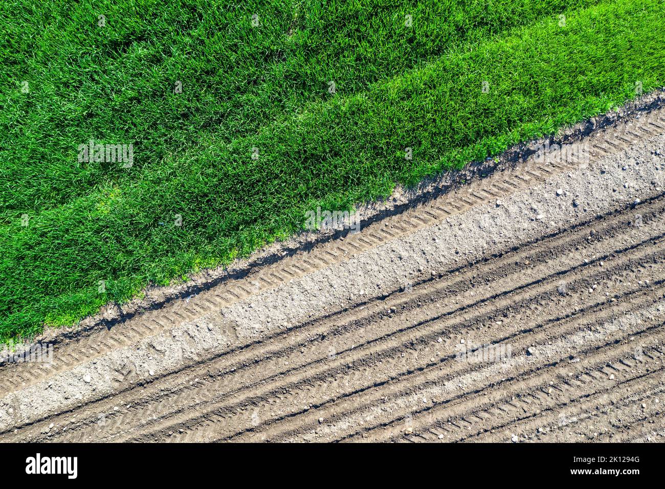 Aerial top view. Rows of soil before and after planting Stock Photo - Alamy