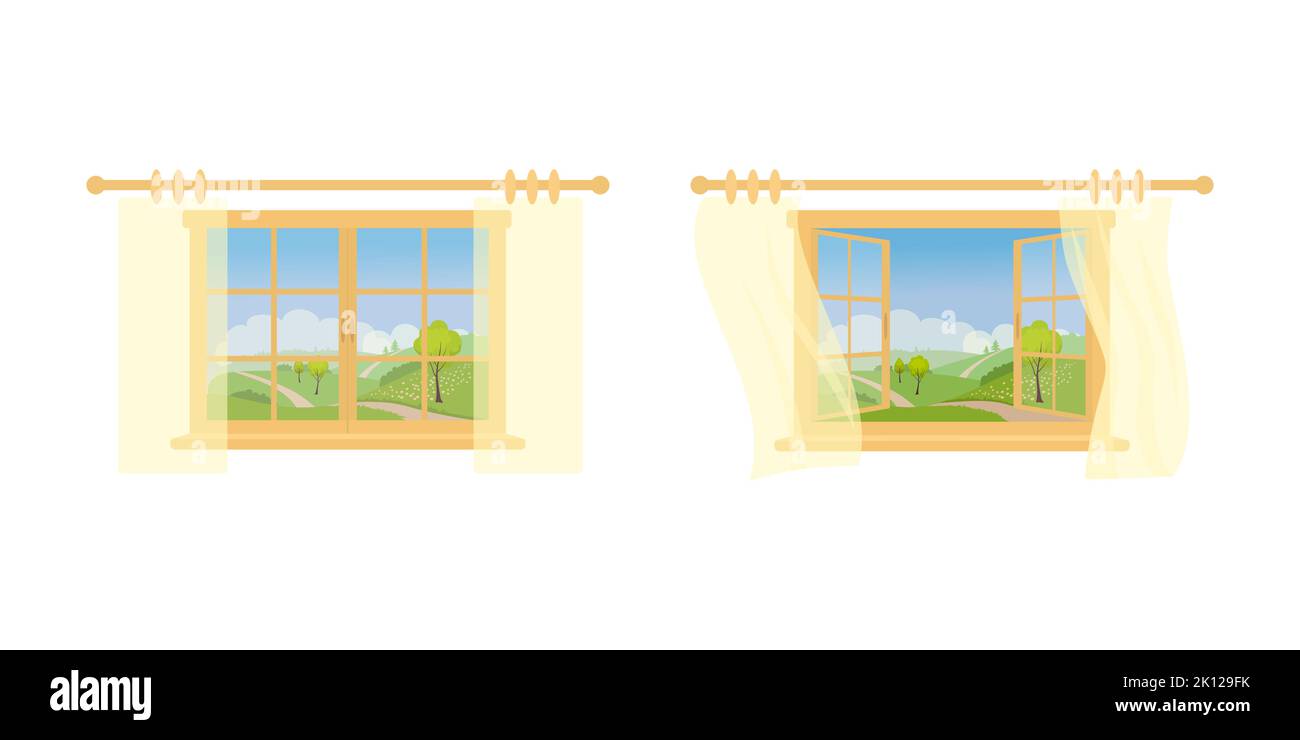 Open and closed window on white background. Cartoon flat style. Home interior concept. Vector ...