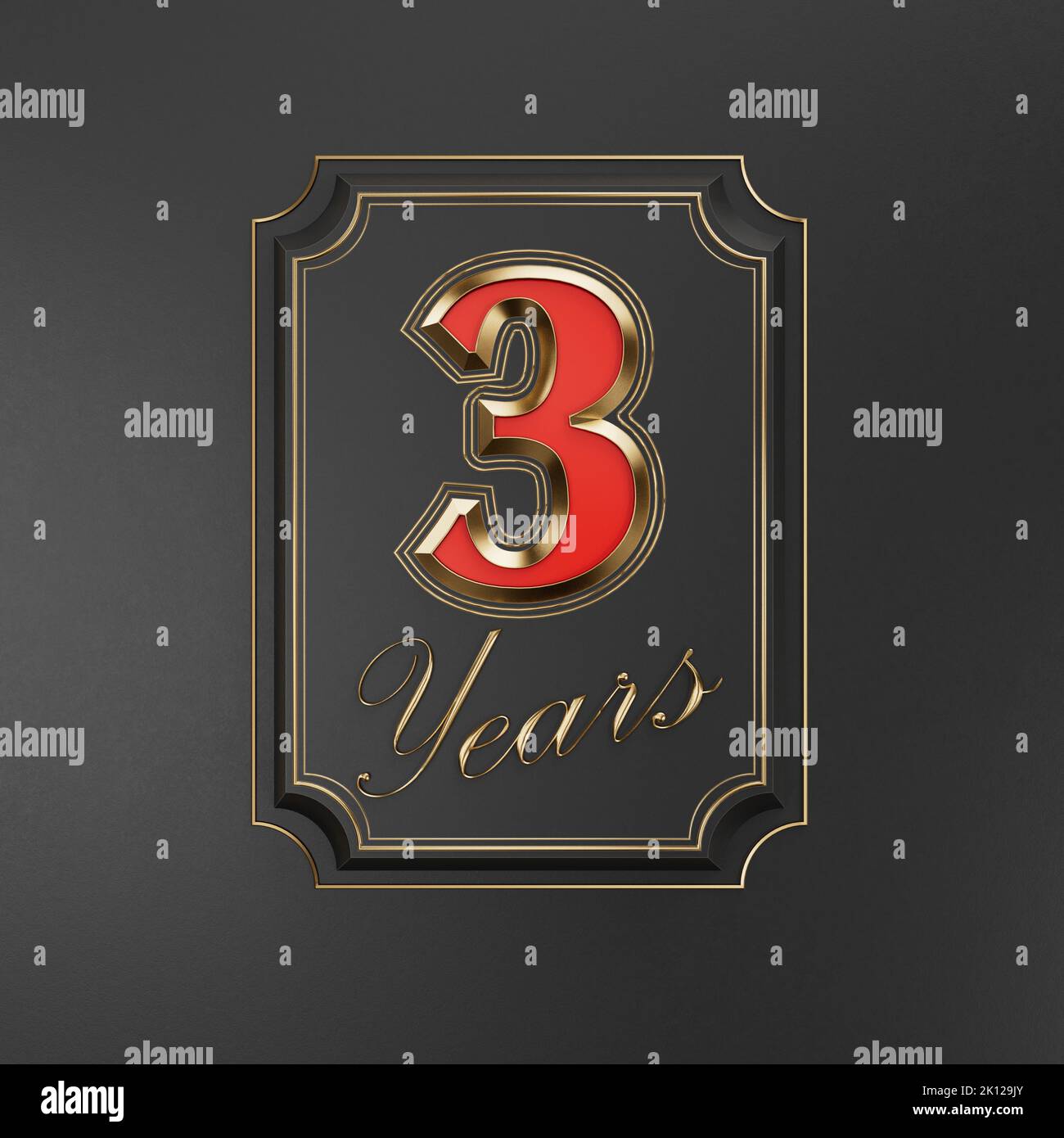 Red inscription three years (3 years) with gold edges on a dark ...