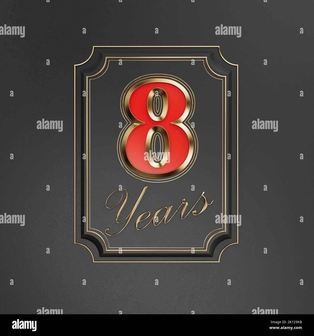 Red inscription eight years (8 years) with gold edges on a dark ...