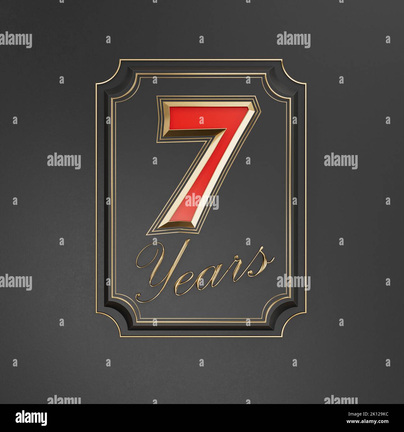 Red inscription seven years (7 years) with gold edges on a dark ...