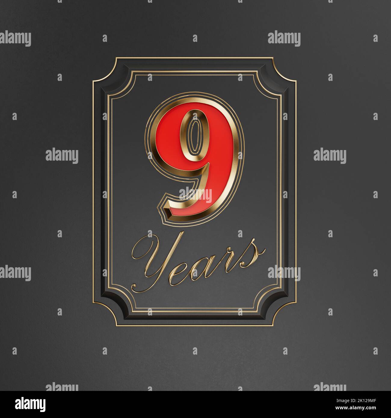 Red inscription nine years (9 years) with gold edges on a dark ...