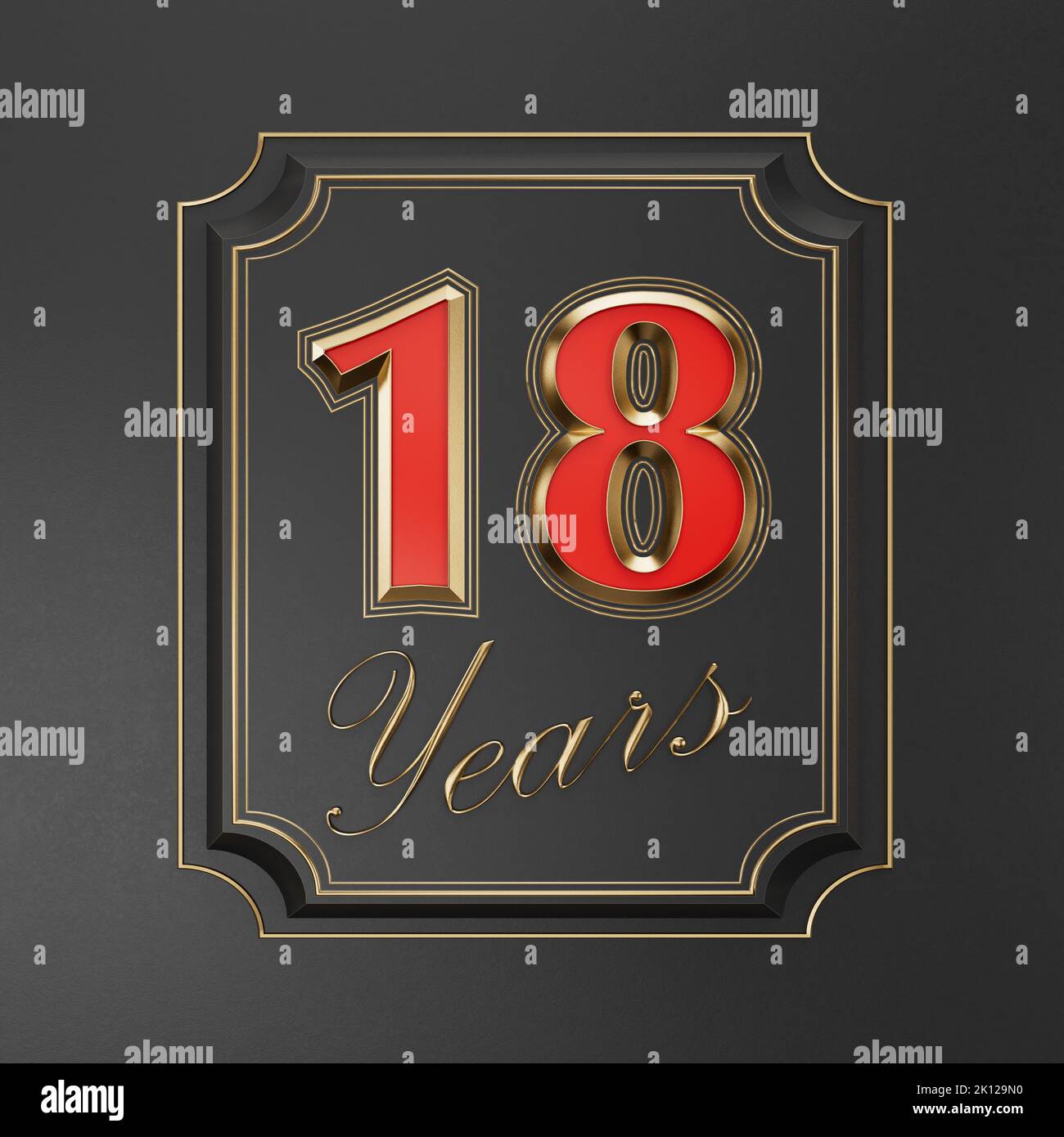Red inscription eighteen years (18 years) with gold edges on a dark ...