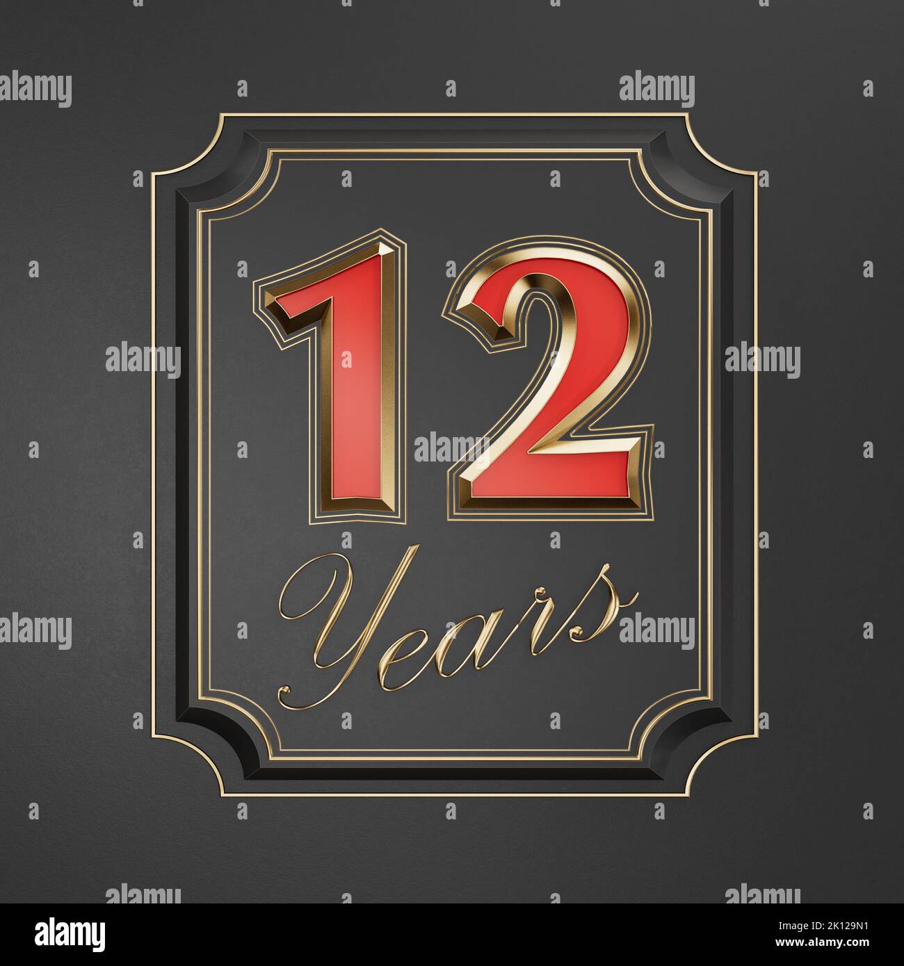 Red inscription twelve years (12 years) with gold edges on a dark ...
