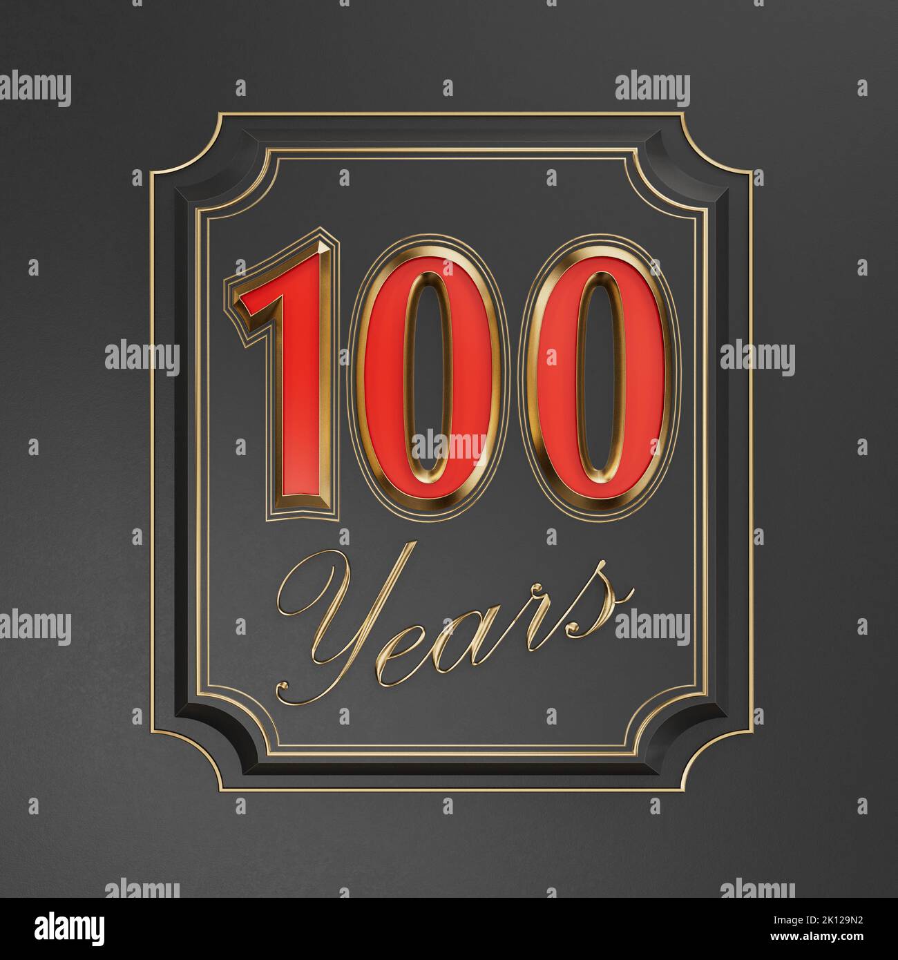 Red inscription one hundred years (100 years) with gold edges on a dark ...