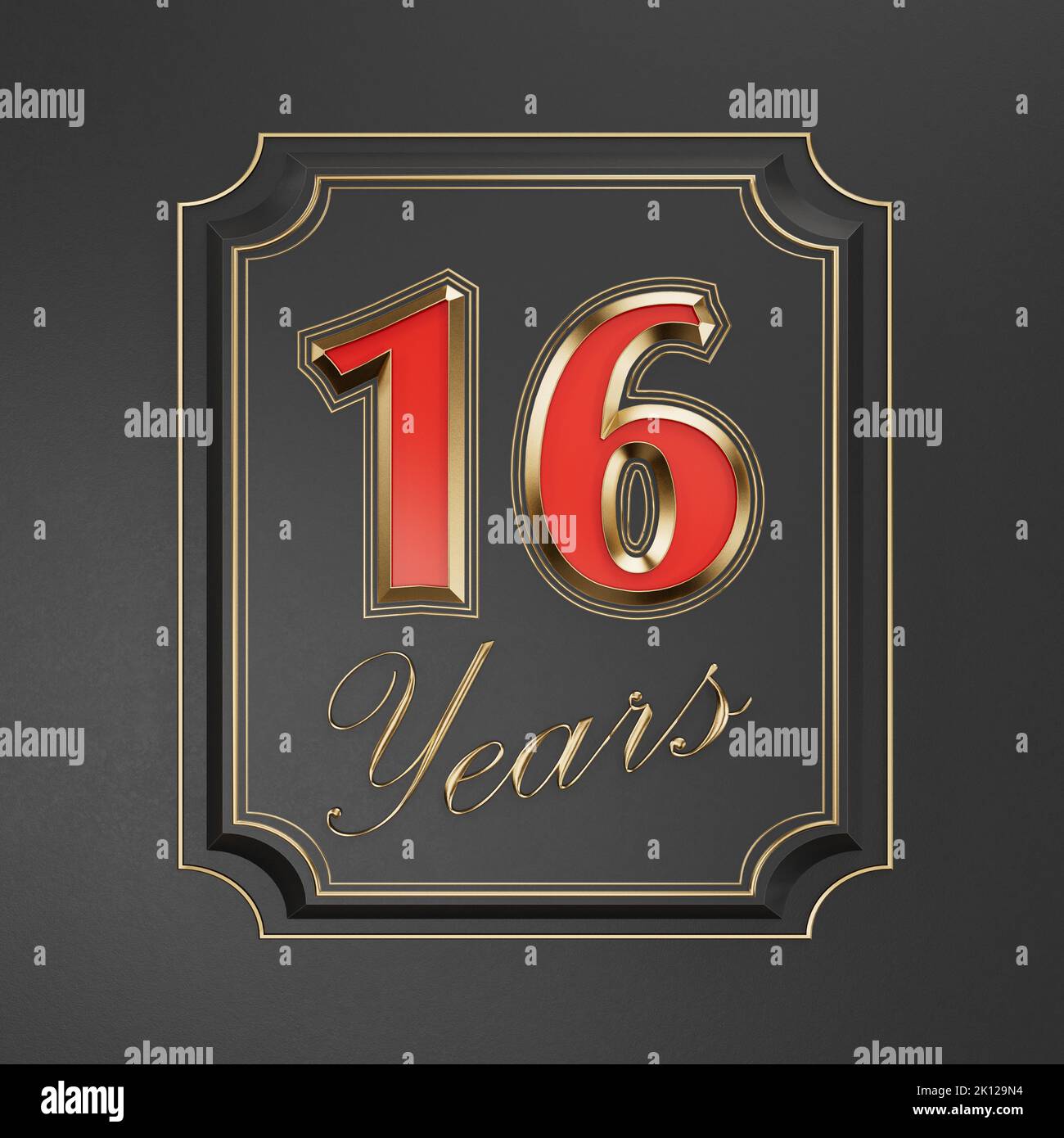 Red inscription sixteen years (16 years) with gold edges on a dark ...