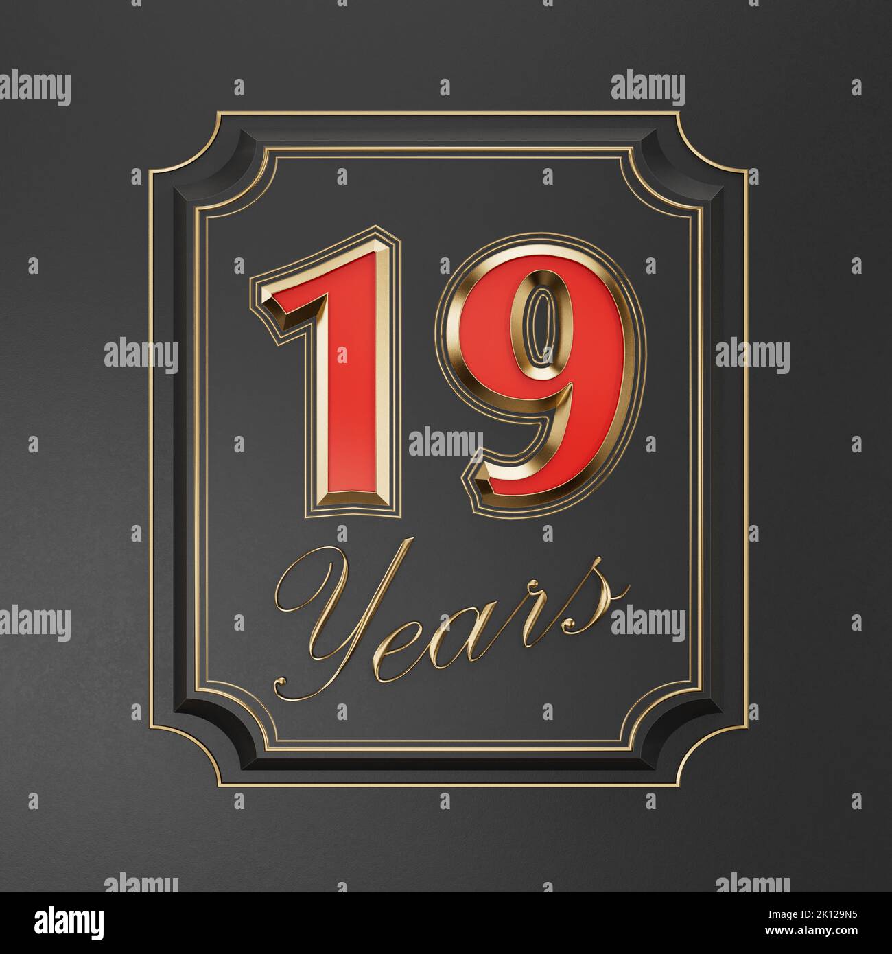 Red inscription nineteen years (19 years) with gold edges on a dark background with gold edging ...