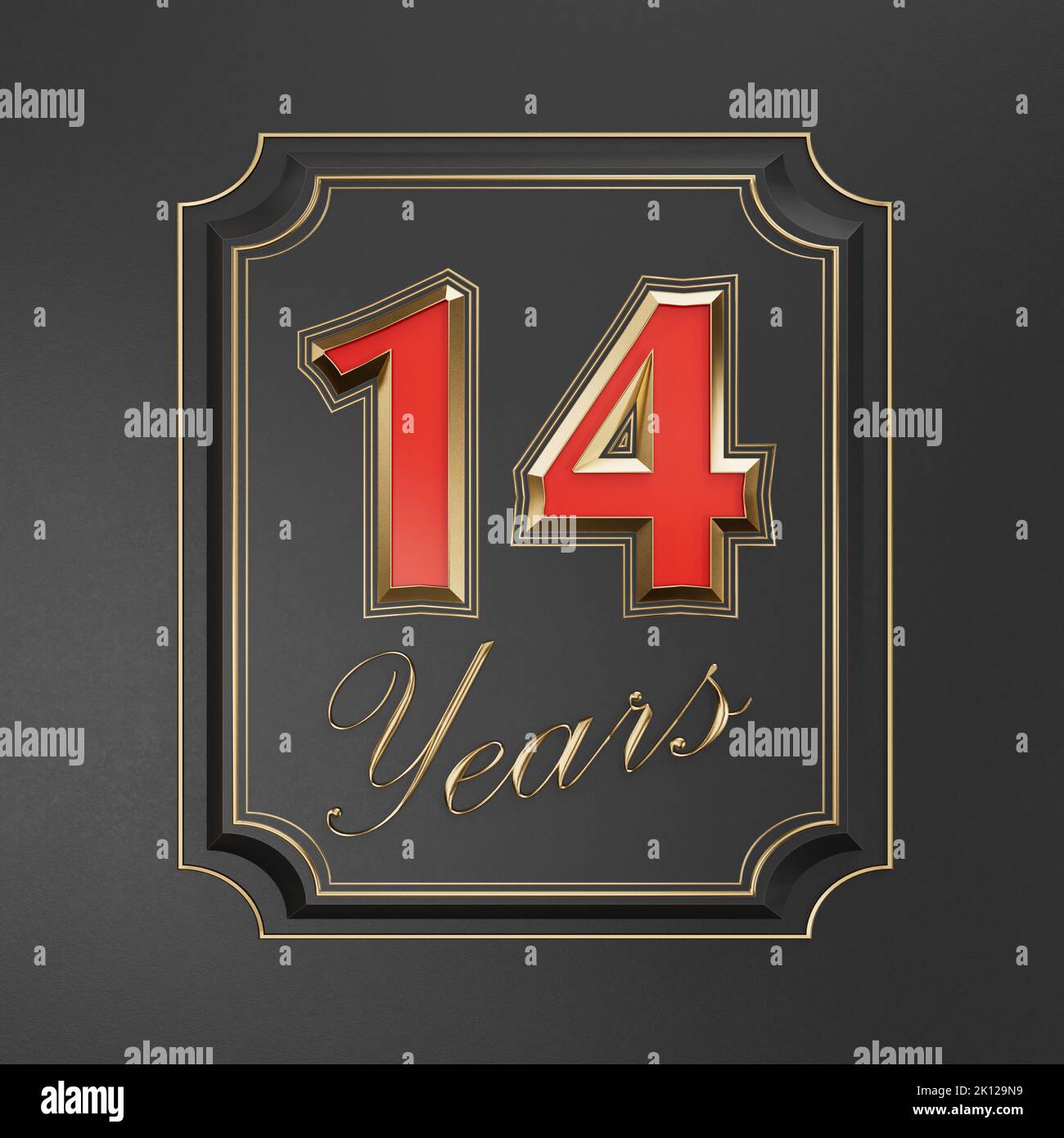 Red inscription fourteen years (14 years) with gold edges on a dark ...