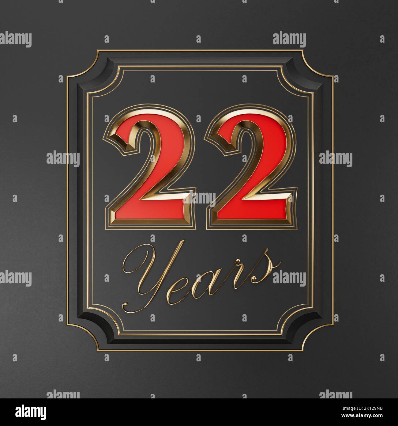 Red inscription twenty-two years (22 years) with gold edges on a dark ...