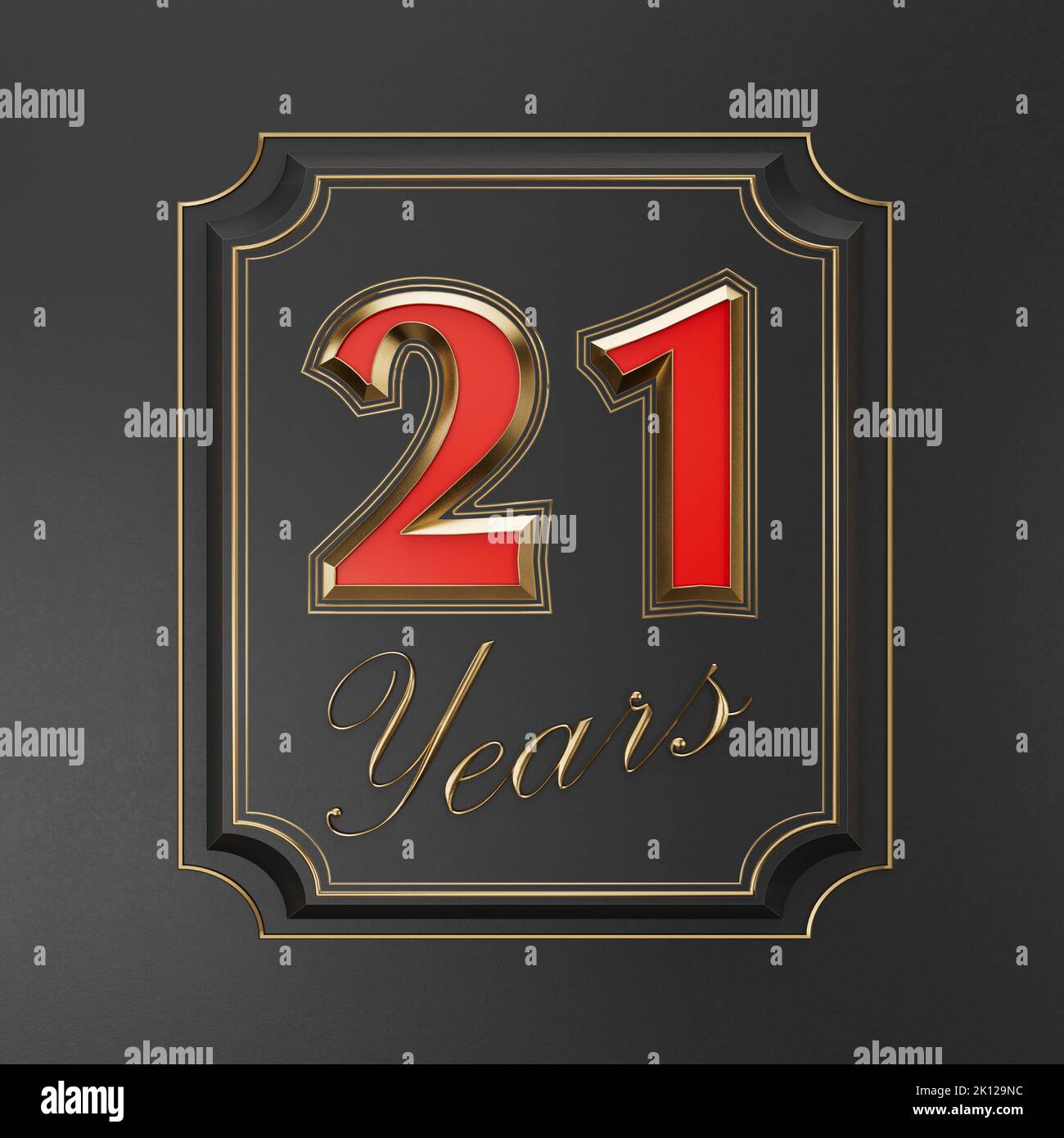 Red inscription twenty-one years (21 years) with gold edges on a dark ...