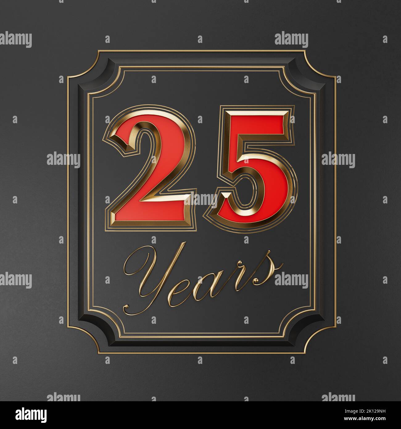 Red inscription twenty-five years (25 years) with gold edges on a dark ...