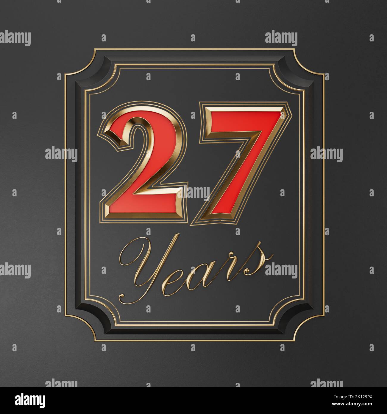 Red inscription twenty-seven years (27 years) with gold edges on a dark ...