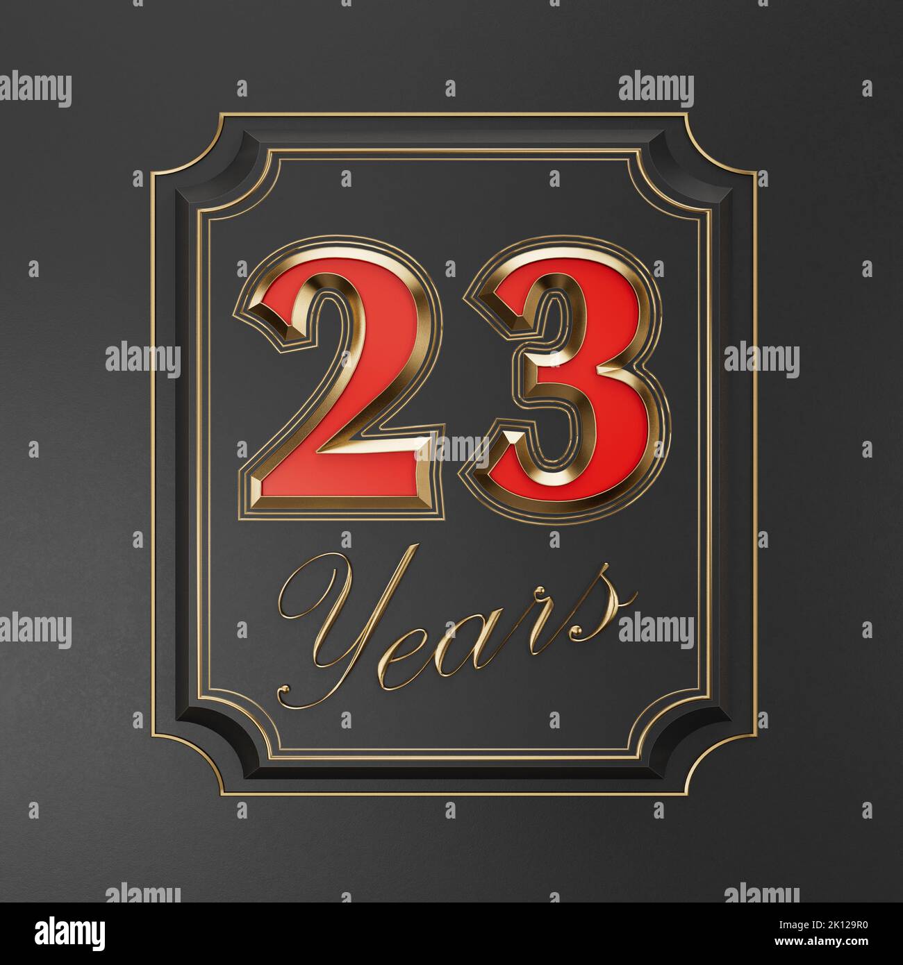 Red inscription twenty-three years (23 years) with gold edges on a dark ...