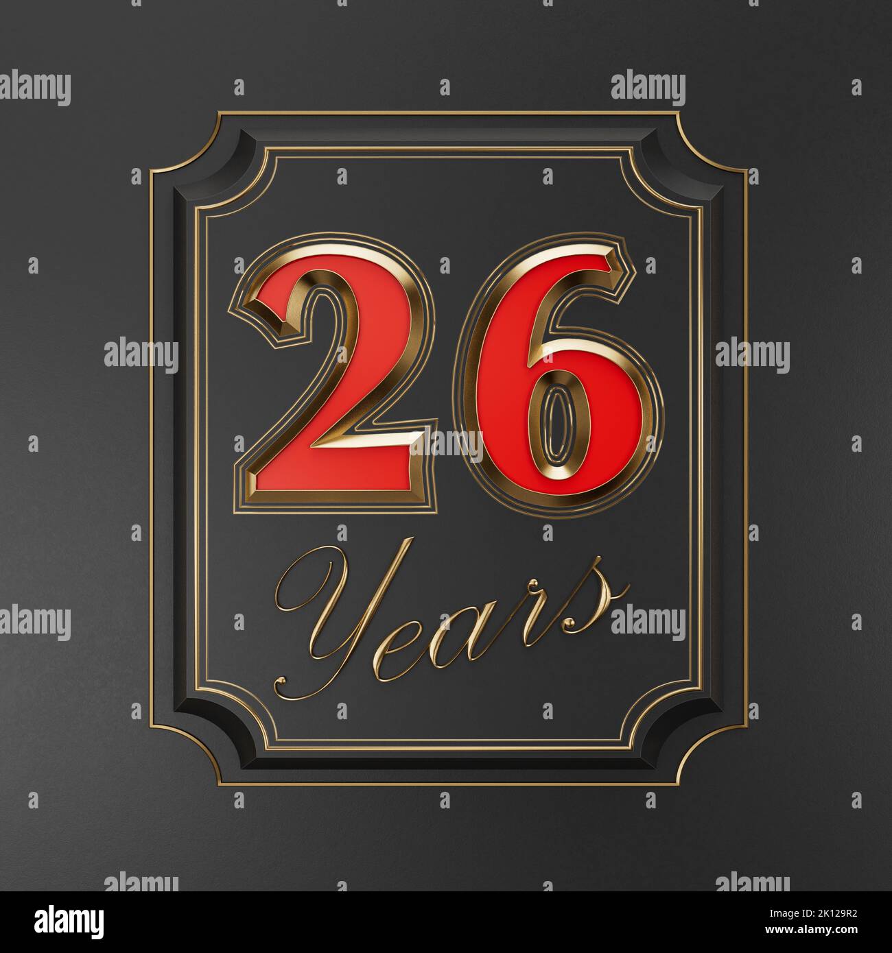 Red inscription twenty-six years (26 years) with gold edges on a dark ...