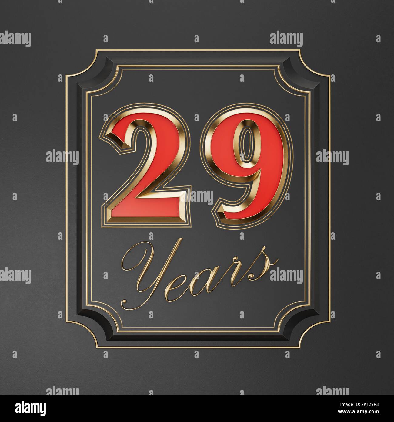 Red inscription twenty-nine years (29 years) with gold edges on a dark ...
