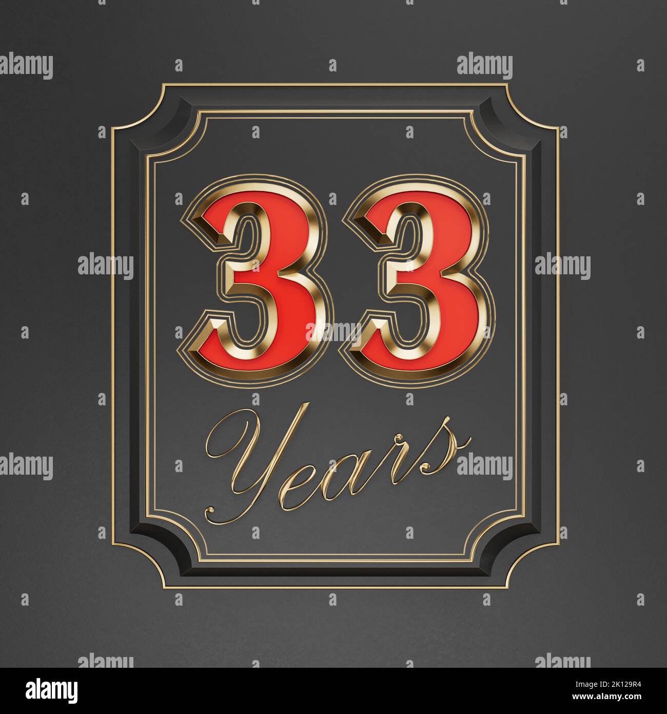 Red inscription thirty-three years (33 years) with gold edges on a dark ...