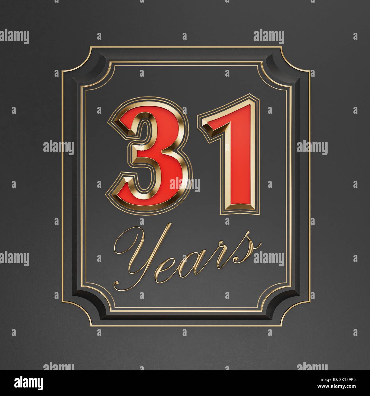 Red inscription thirty-one years (31 years) with gold edges on a dark ...